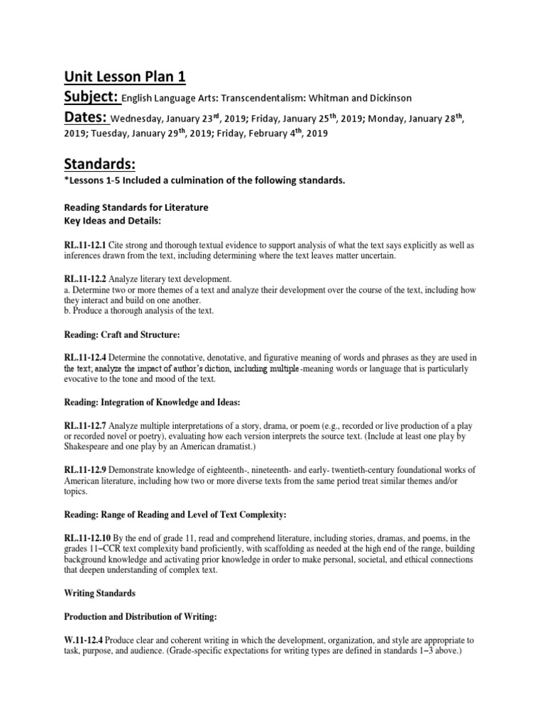 Unit Lesson Plan Transcendentalism Whitman and Dickinson | PDF | Emily ...