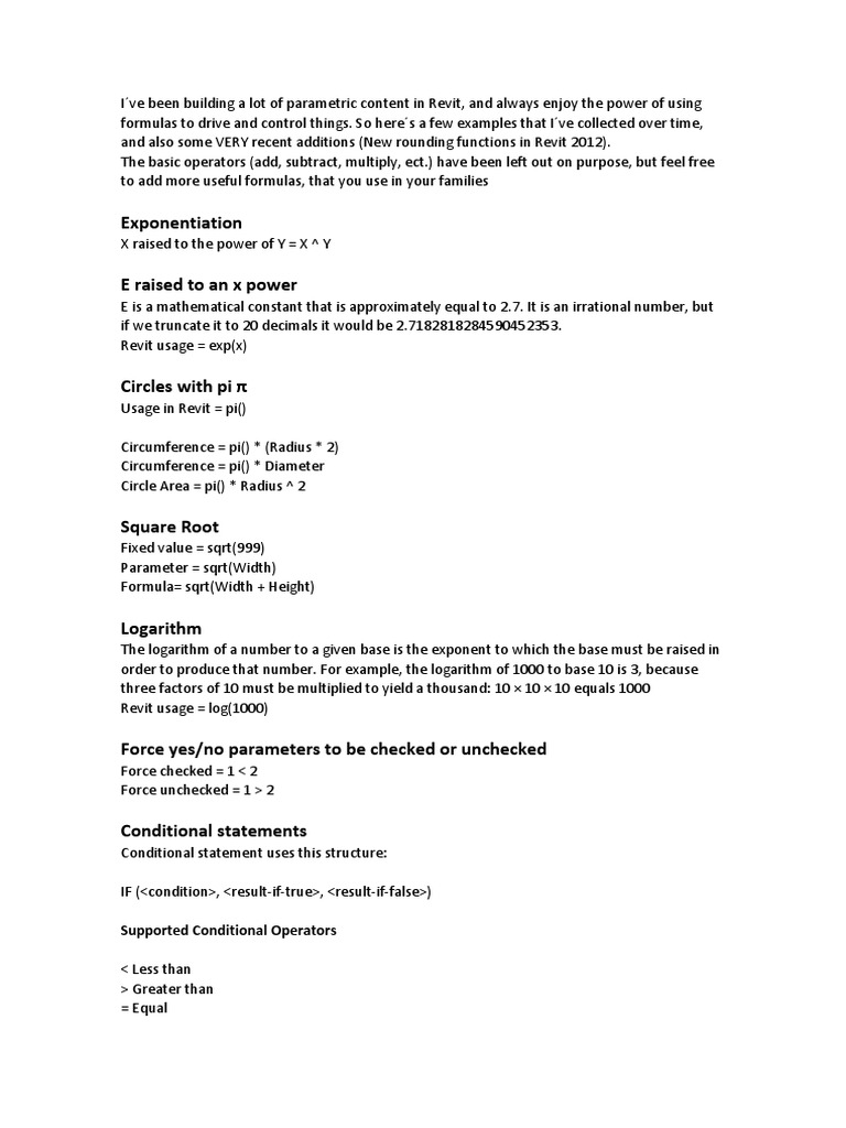 Revit Formulas | PDF | Exponentiation | Pi