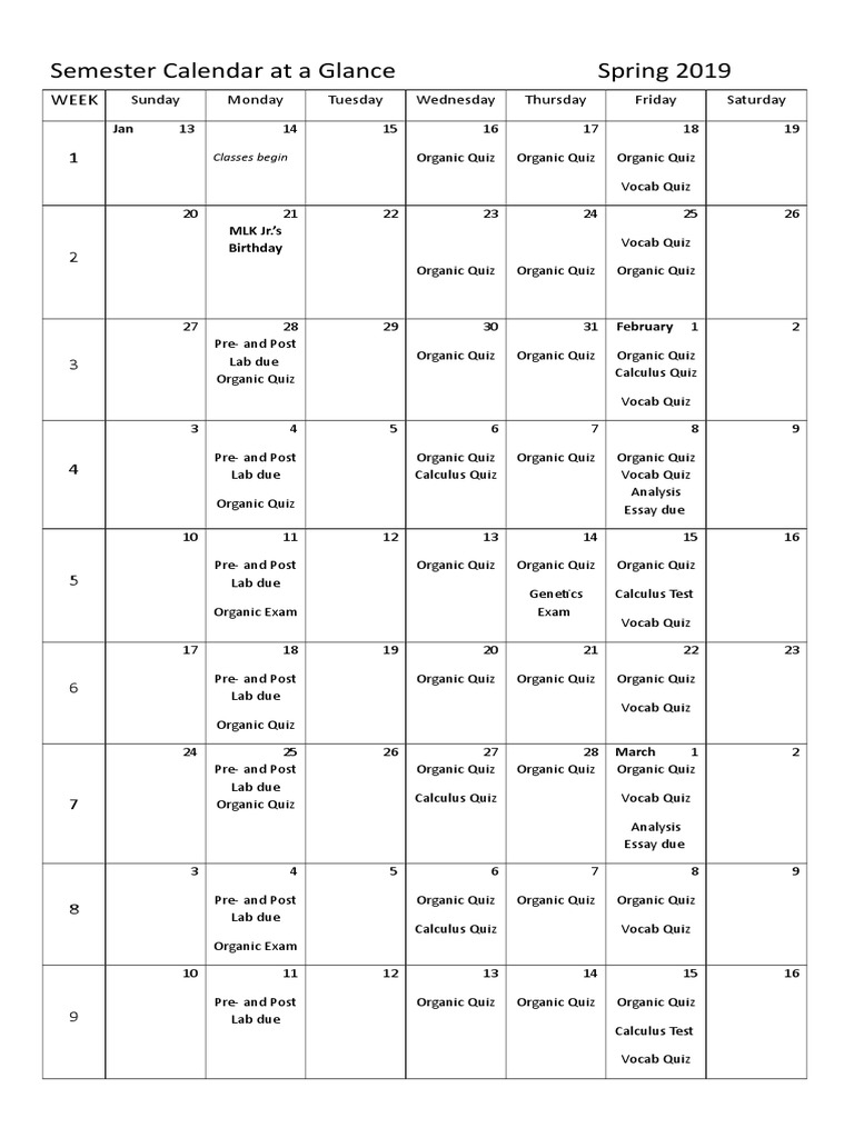 Semester Calendar Spring 2019 | PDF | Leisure