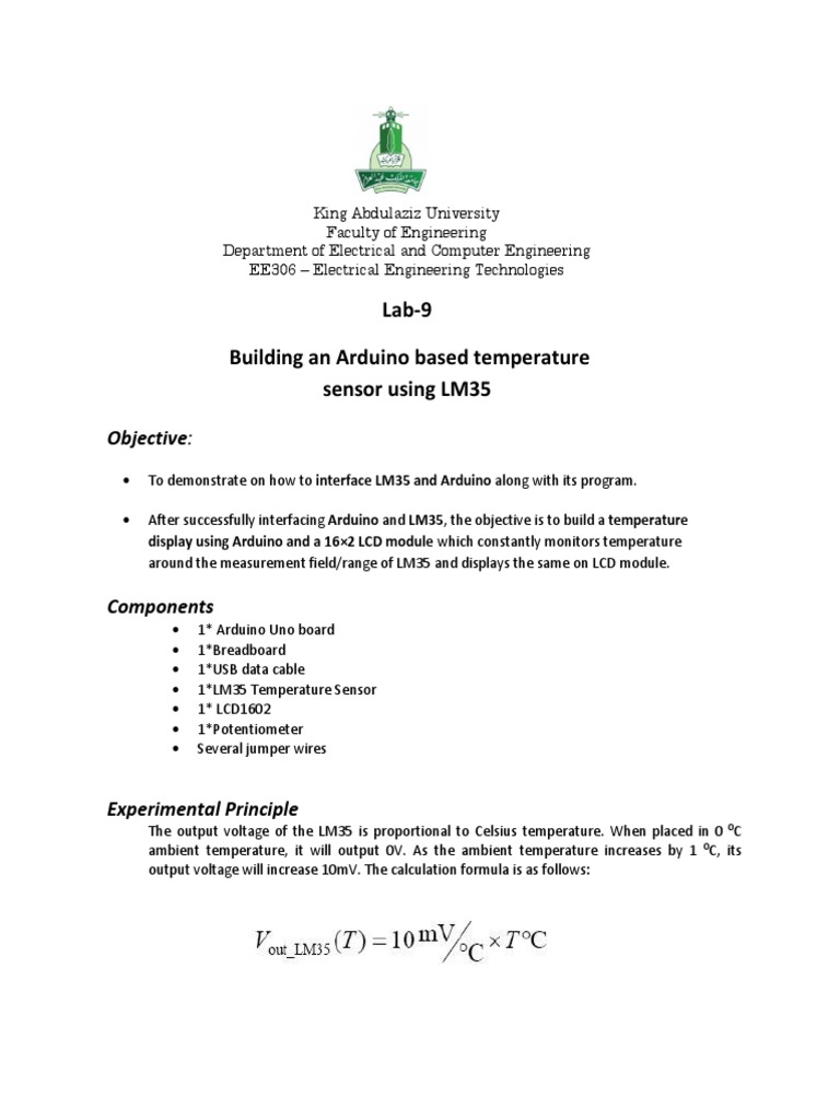 Lab 9 Ee 306 Building An Arduino Based Temperature Sensor Using Lm35 Pdf Arduino Sensor