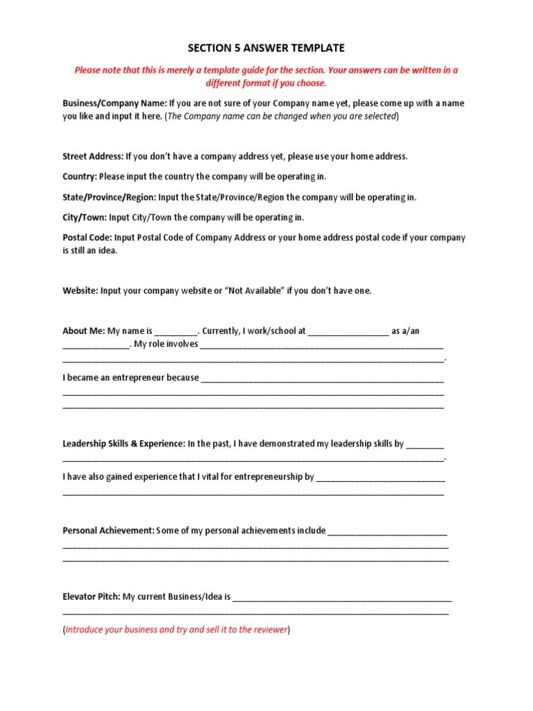 Section 5 Answer Template | PDF | Address (Geography) | Entrepreneurship