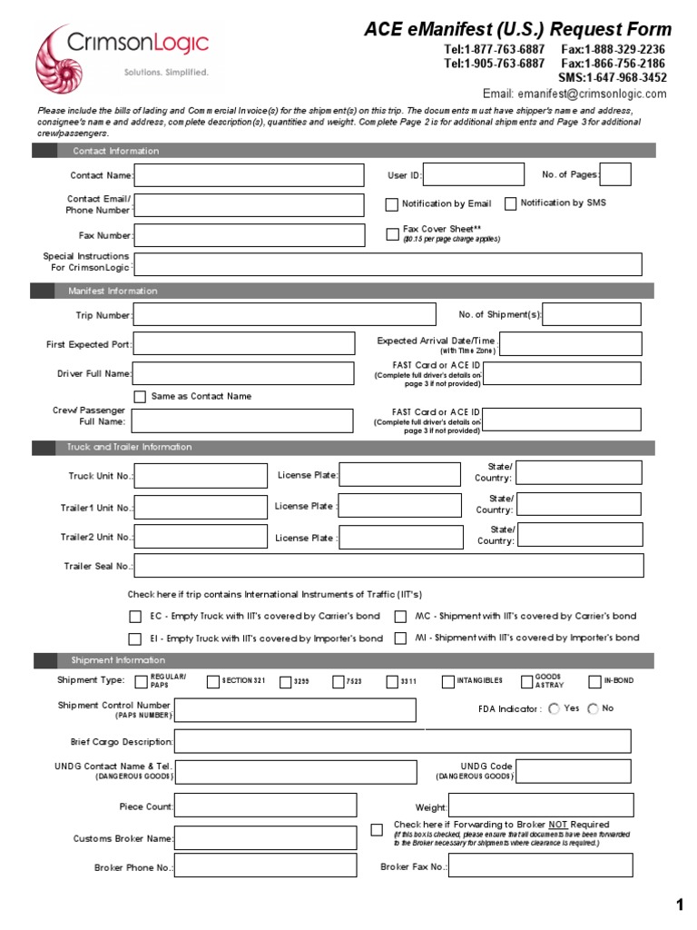 ACE (U.S.) EManifest Request Form 2014 | PDF | Identity Document | Cargo