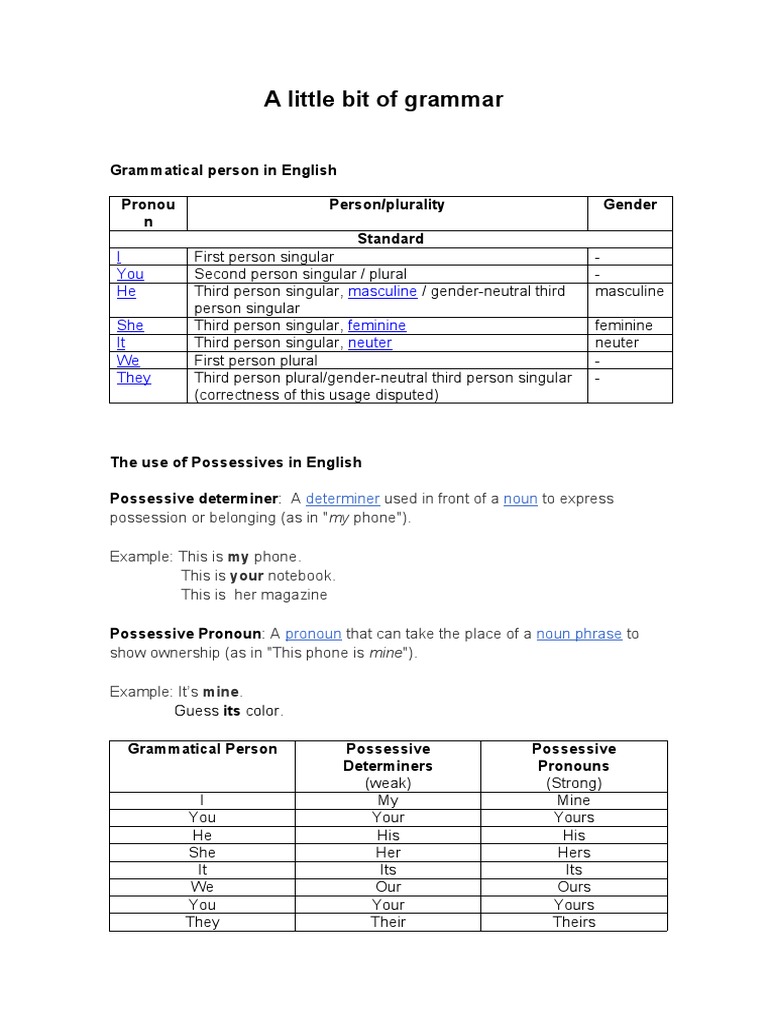 A Little Bit of Grammar: Grammatical Person in English Pronou N Person ...