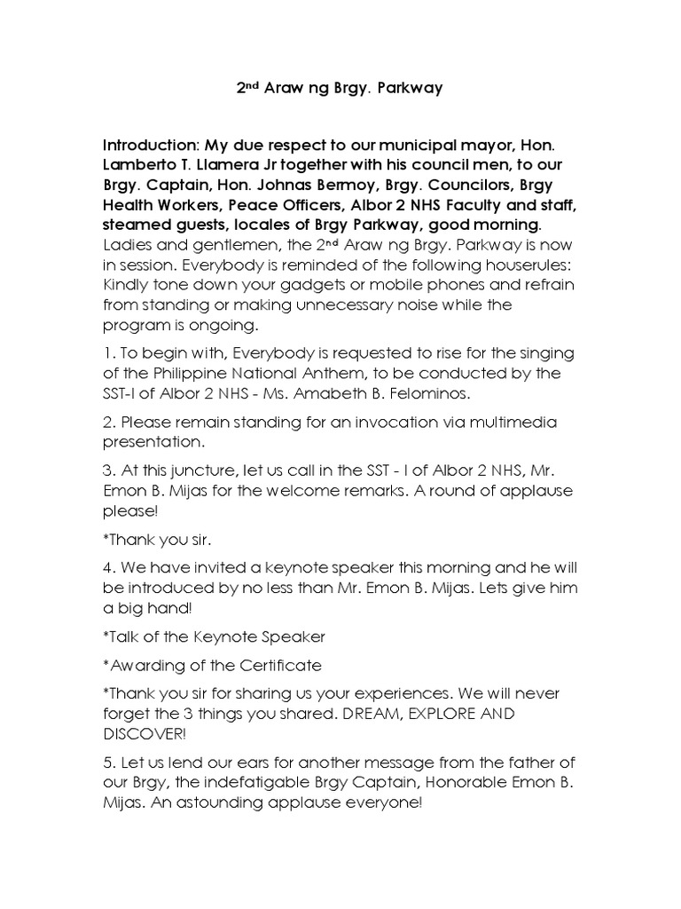 2nd Araw NG Brgy. Parkway MC Script | PDF