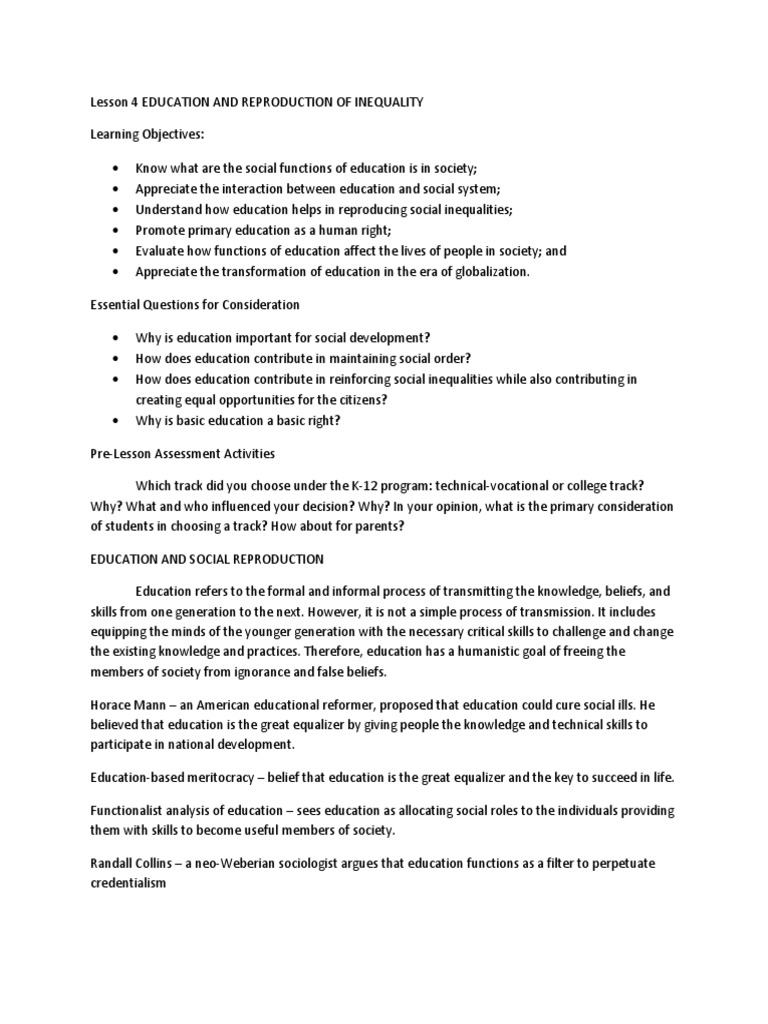 Lesson 4 Education and Reproduction of Inequality | PDF | Social ...