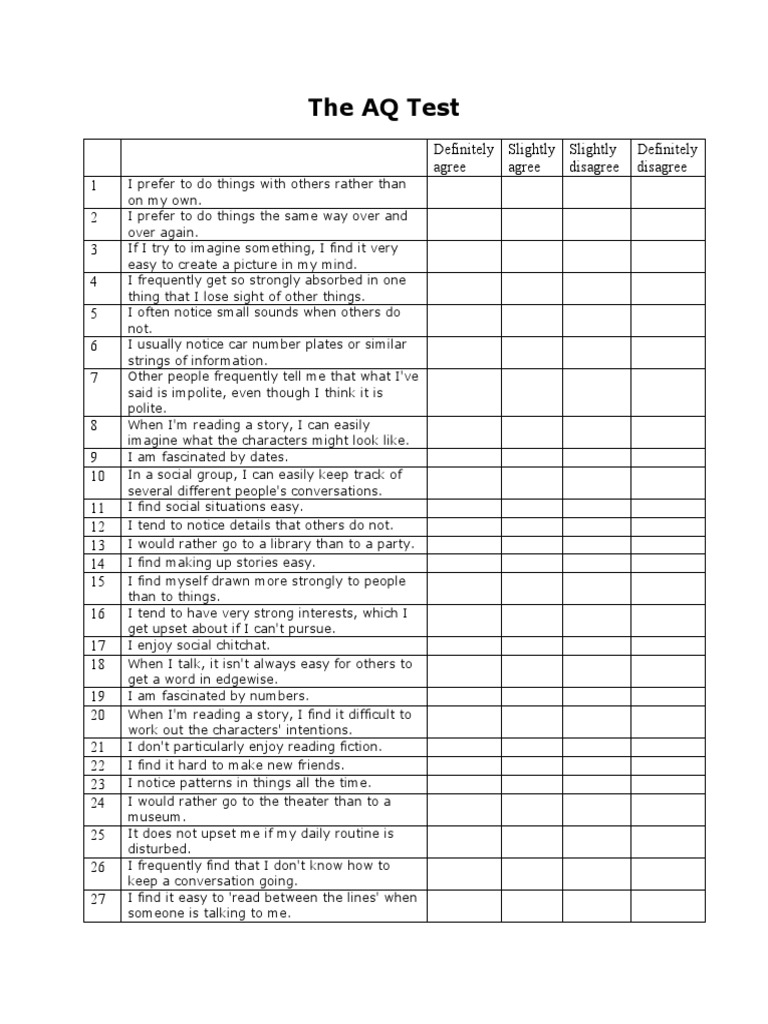Autism Spectrum Quotient (AQ) Test | PDF | Autism | Psychiatry Related ...