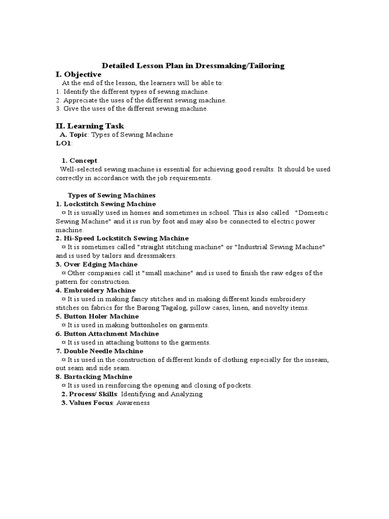 Detailed Lesson Plan in Dressmaking/Tailoring I. Objective | PDF ...