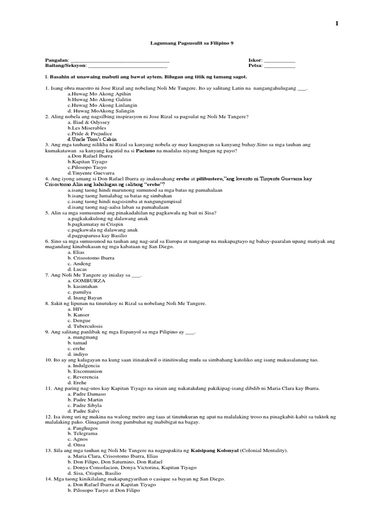 Pagsusulit Sa Filipino 9 | PDF