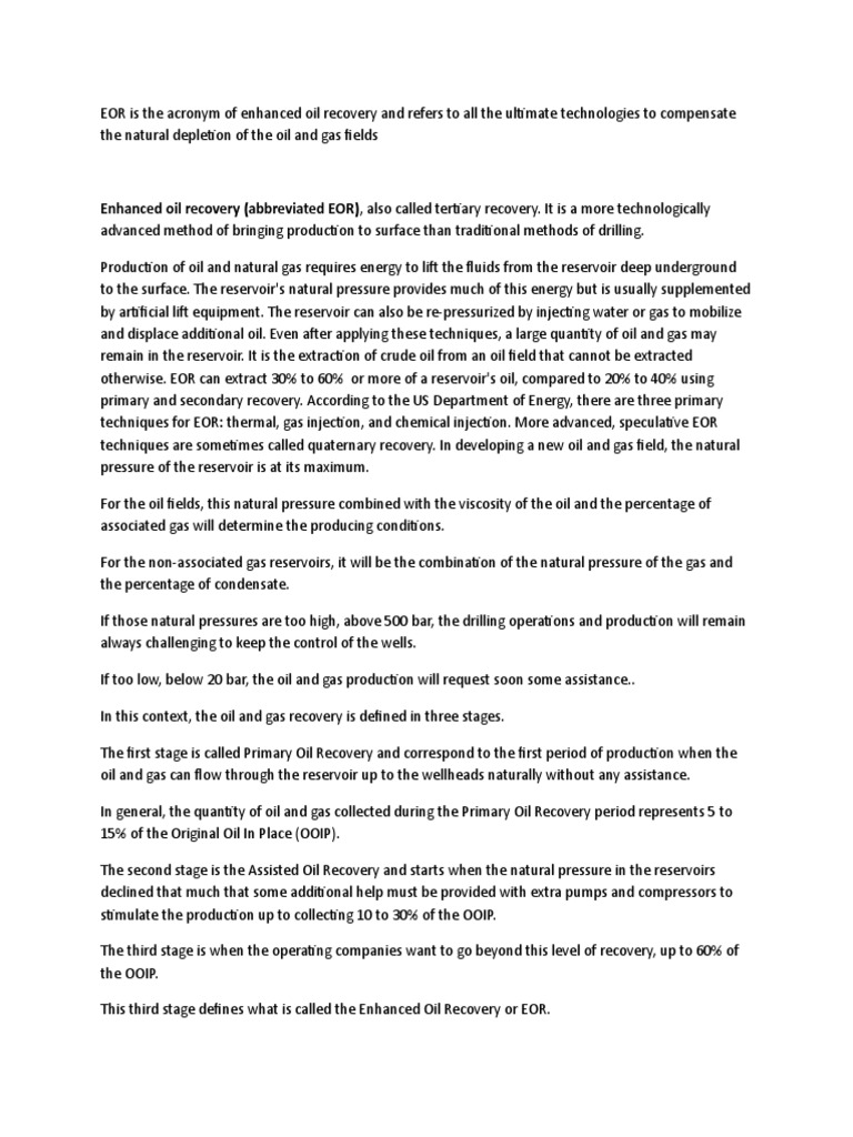 Enhanced Oil Recovery (Abbreviated EOR), Also Called Tertiary Recovery ...