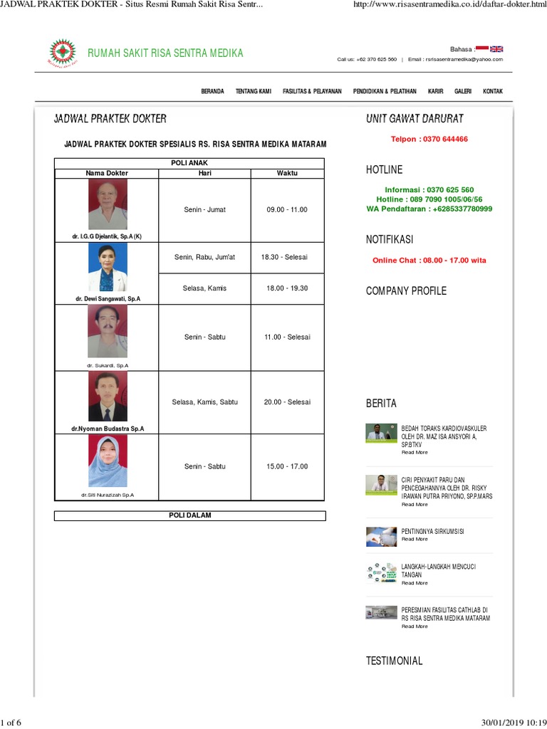 JADWAL PRAKTEK DOKTER - Situs Resmi Rumah Sakit Risa Sentra Medika Mataram | PDF