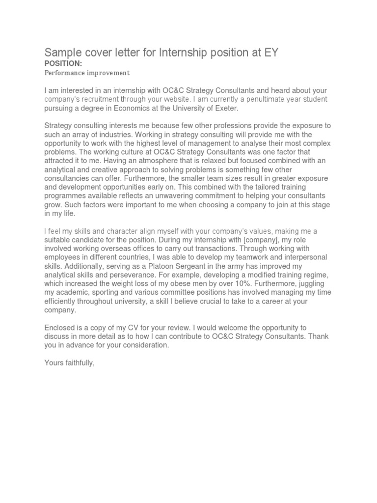 Sample Cover Letter For Internship Position at EY | PDF
