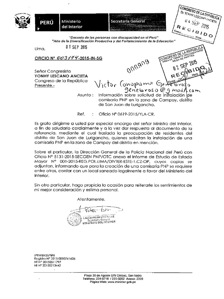 INFORMACION SOBRE SOLICITUD DE INSTALACION DE COMISARIA PNP EN LA ZONA DE CAMPOY - S.J.L ...