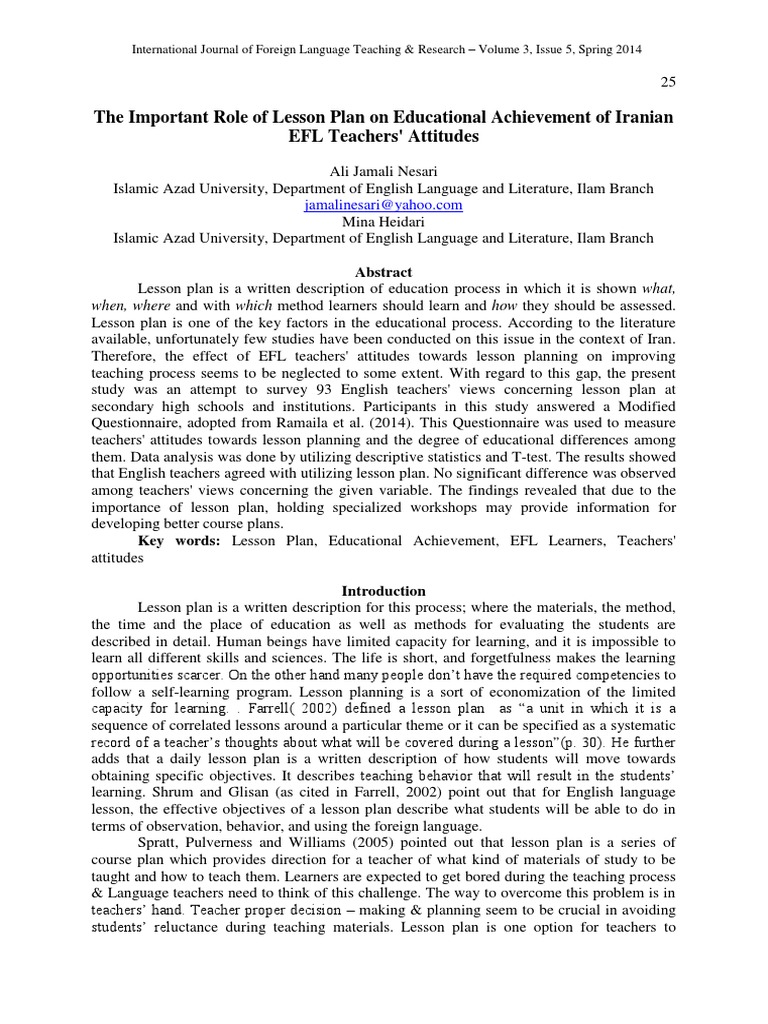 The Important Role of Lesson Plan On Educational Achievement of Iranian ...