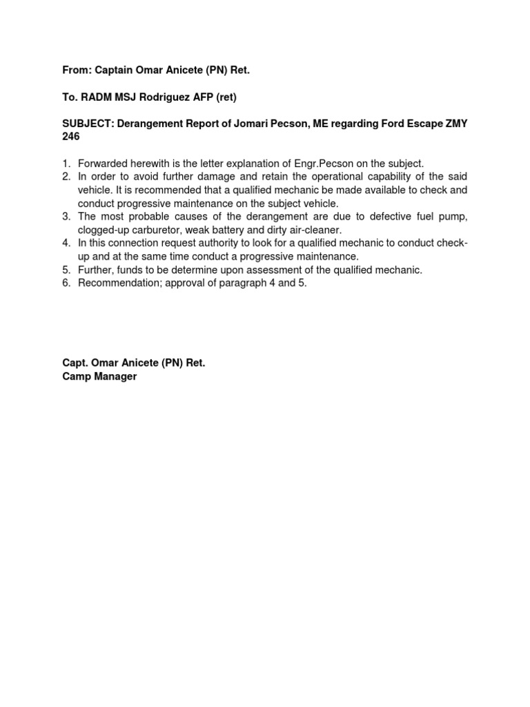 Derangement Report of Ford Escape | PDF