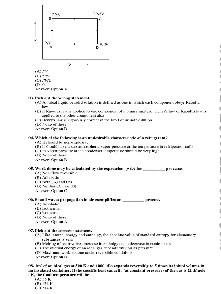 Thermodynamics MCQ Exam Questions | PDF | Temperature | Enthalpy