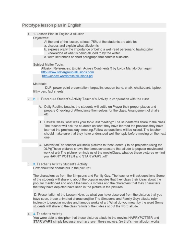 Prototype Lesson Plan in English | PDF