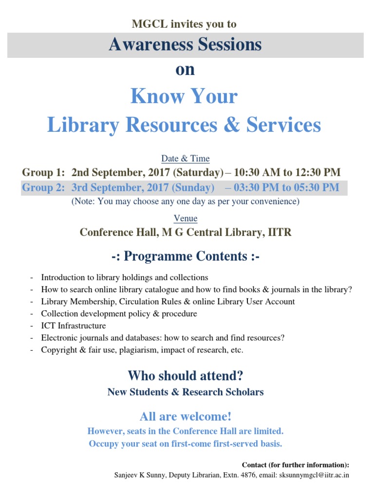 Know Your Library Resources & Services: Awareness Sessions On | PDF