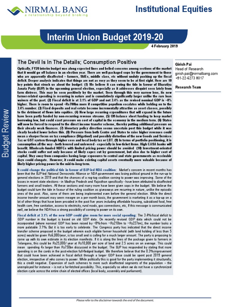 Interim Union Budget 2019-20 - Budget Review-4 Feb 2019 | PDF ...