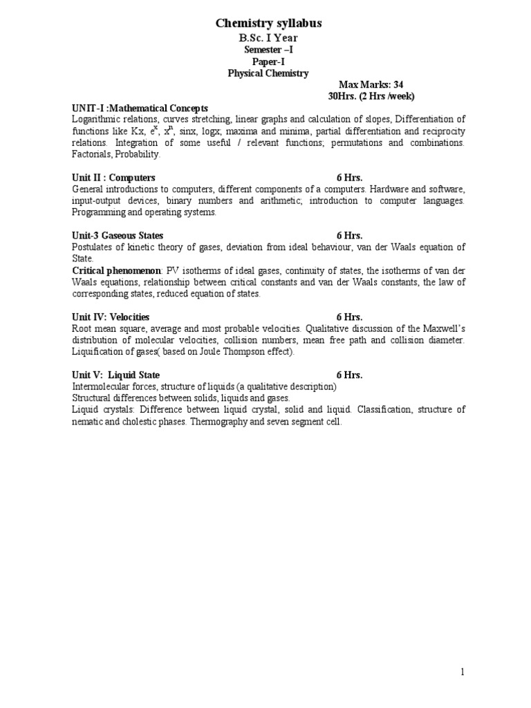 Chemistry Syllabus: B.Sc. I Year | PDF | Alkene | Chemical Bond