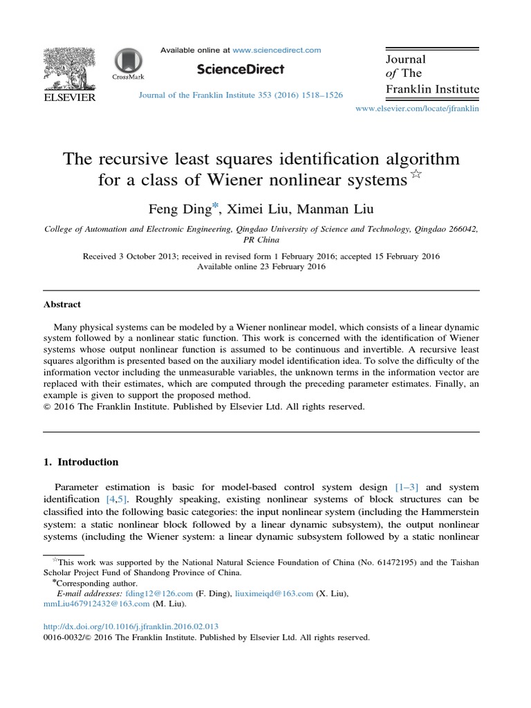 The Recursive Least Squares Identi Fication Algorithm For A Class Of Wiener Nonlinear Systems