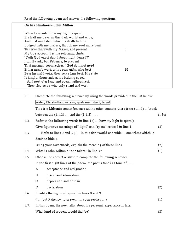 On His Blindness - John Milton | PDF | Sonnets | Poetry