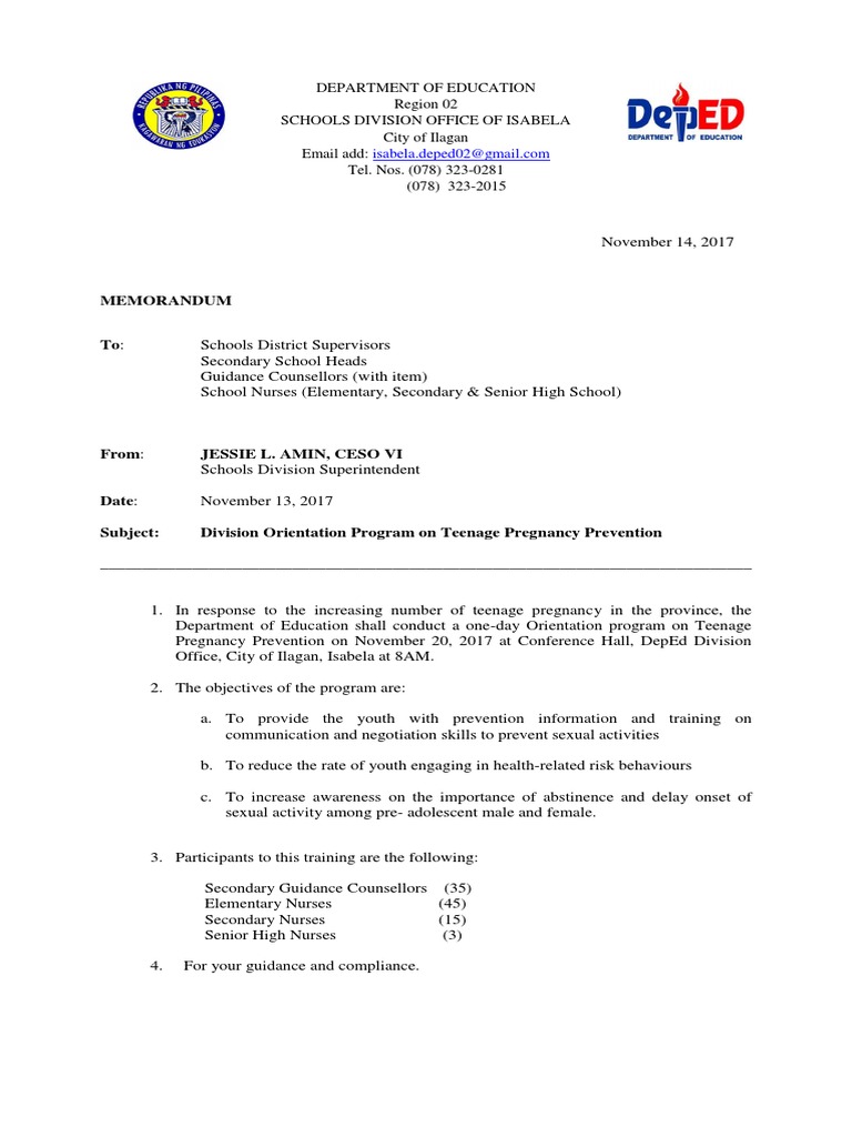 Memo N Teenage Pregnancy | PDF