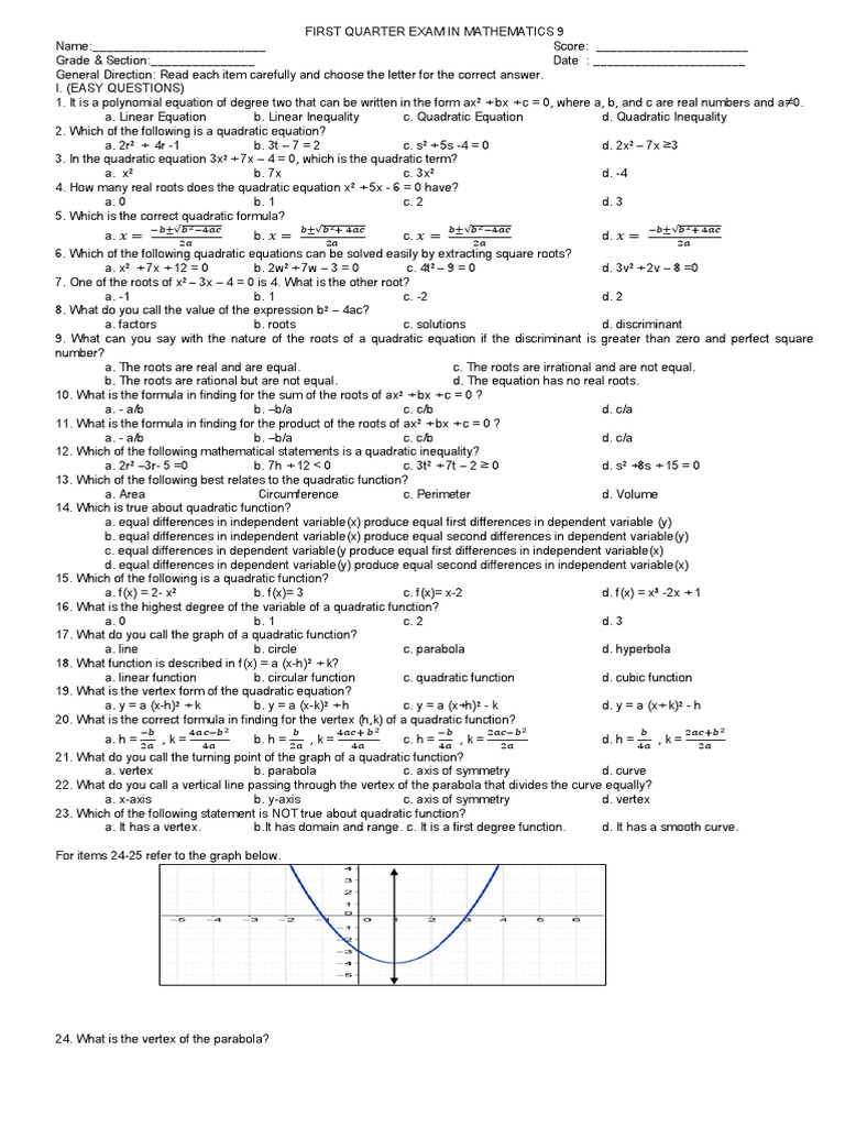 Ist Q Math 9 | PDF | Quadratic Equation | Equations