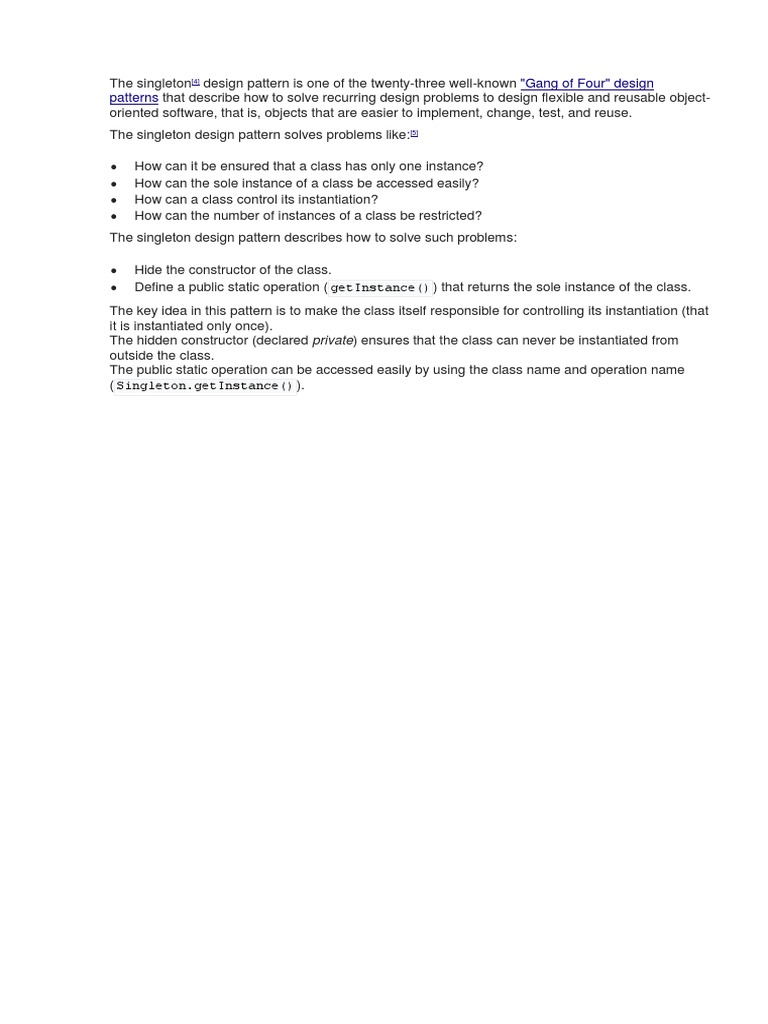 "Gang of Four" Design Patterns: Getinstance | PDF