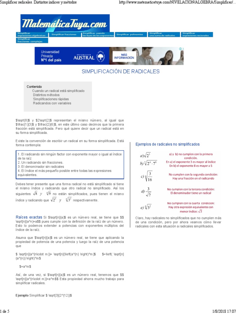 Simplificacion de Radicales | PDF | Fracción (Matemáticas) | Exponenciación