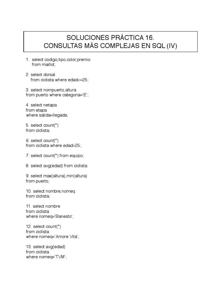 Soluciones Practica16 SQL | PDF | Uci World Tour | Carreras de bicicletas de carretera