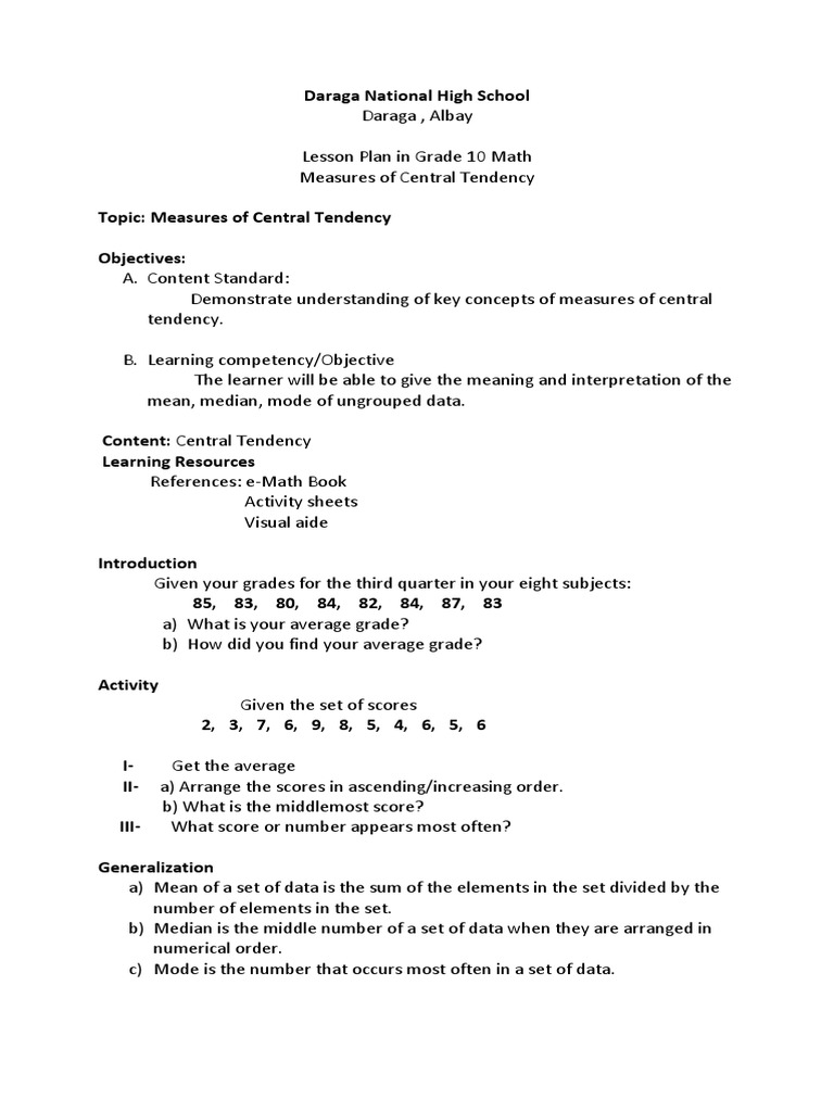 Lesson Plan in Grade 10 Math Measures of Central Tendency | PDF | Mean ...