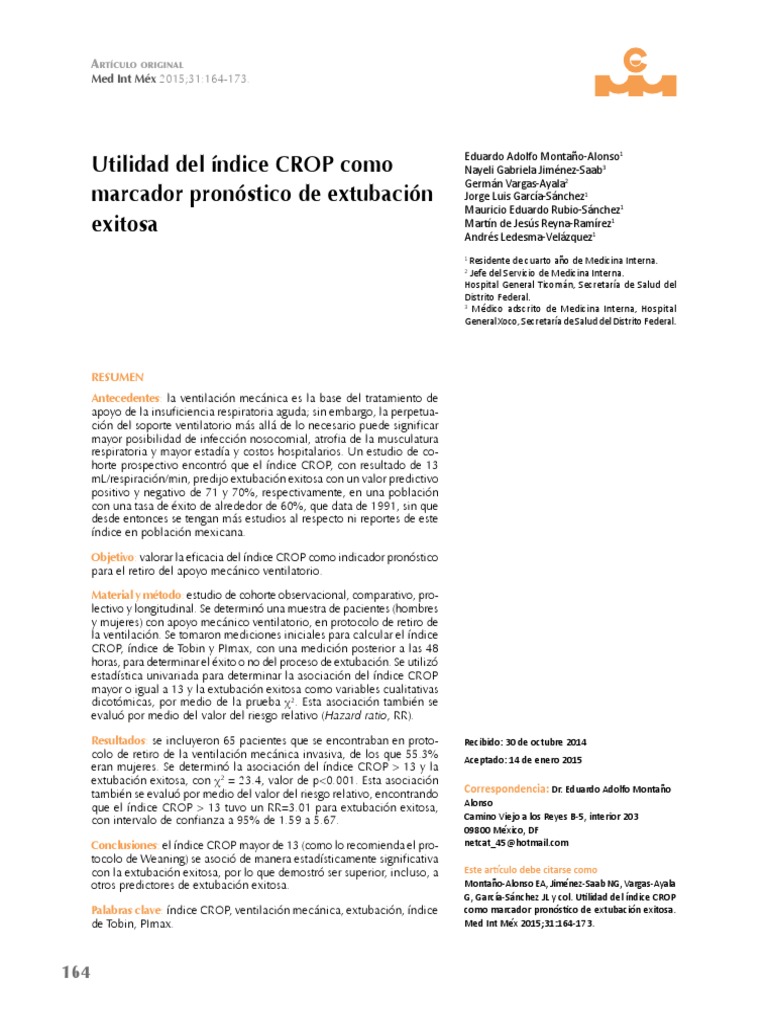 Utilidad del índice CROP como marcador pronóstico de extubación exitosa | Respiración | Medicina