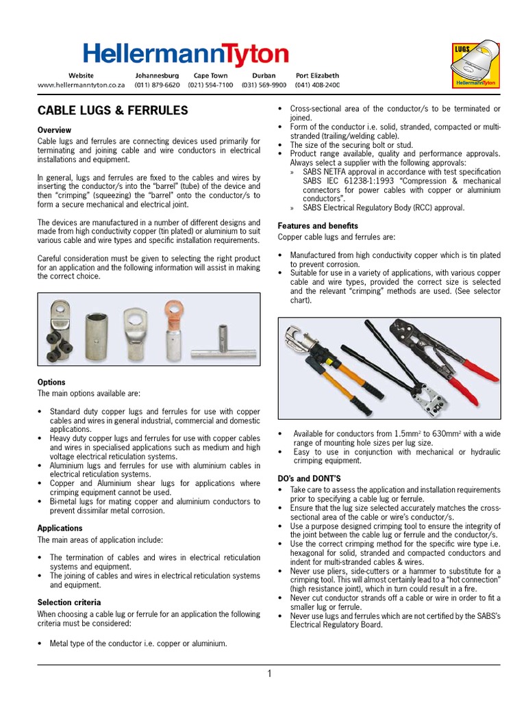 Cable Lugs and Ferrules Overview | PDF | Wire | Electrical Conductor
