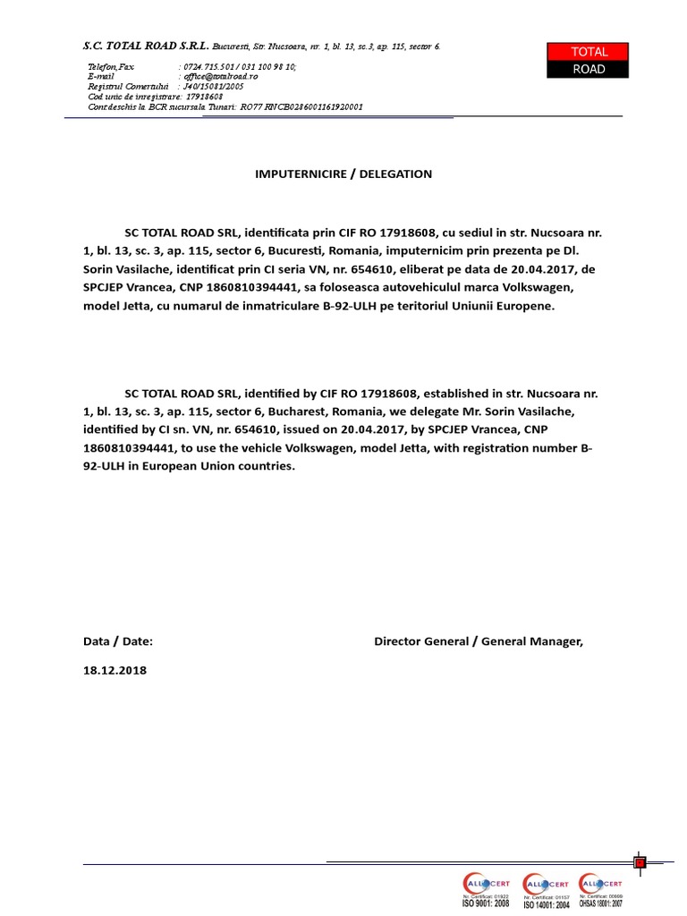 Model Imputernicire Auto | PDF