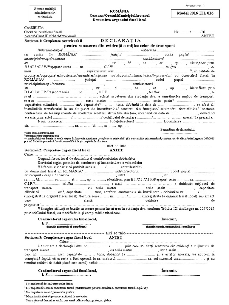 1.3. Anexa Nr. 1 Model 2016 ITL 016 Declaratie Pentru Scoatere Din Evidenta a Mijloacelor de ...