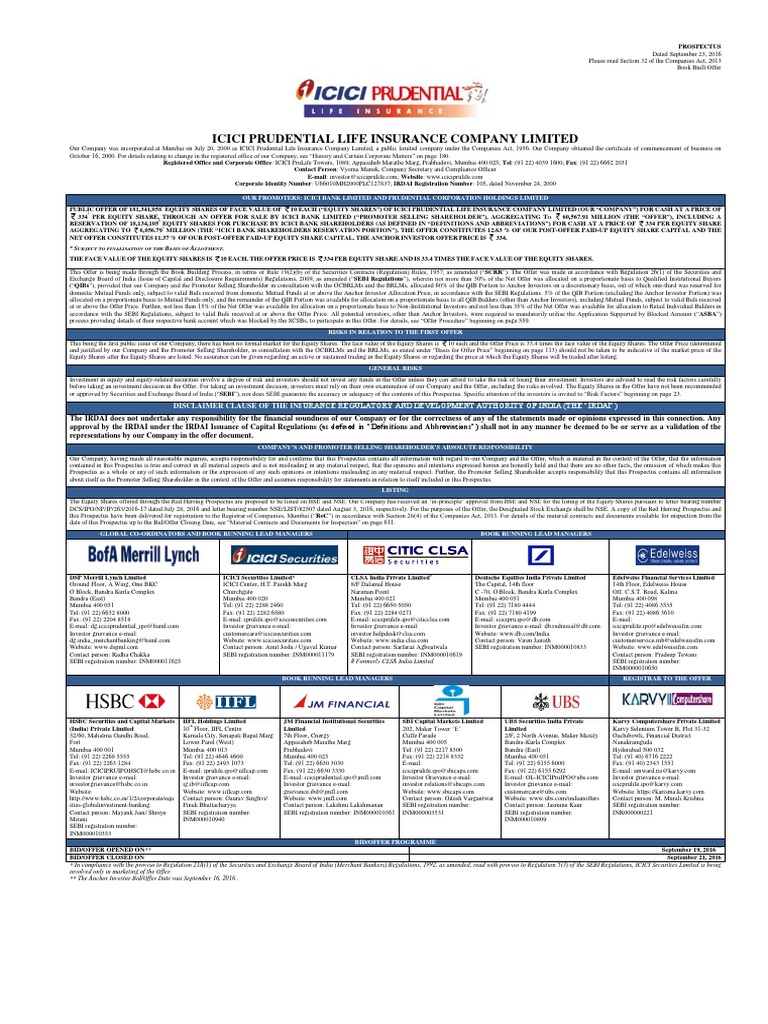 ICICI Prudential Life Insurance Prospectus | PDF | Stocks | Mutual Funds