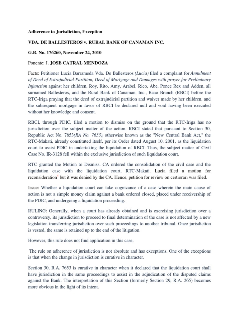 Vda. de Ballesteros v. Rural Bank of Canaman Inc. | PDF | Liquidation ...