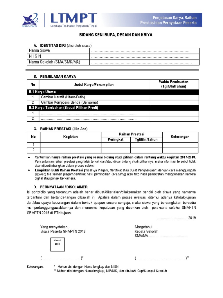 Borang Isian Raihan Prestasi, Penjelasan Karya, Dan Pernyataan Peserta (SRDSKR) | PDF