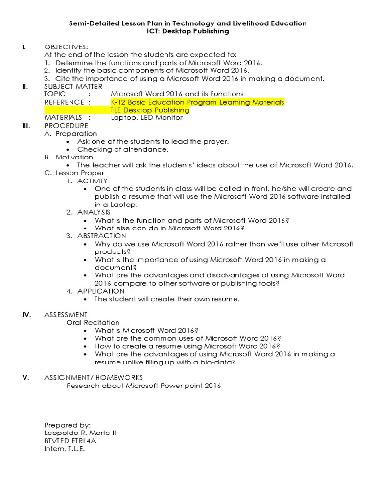 Semi-Detailed Lesson Plan in Technology and Livelihood Education ICT ...