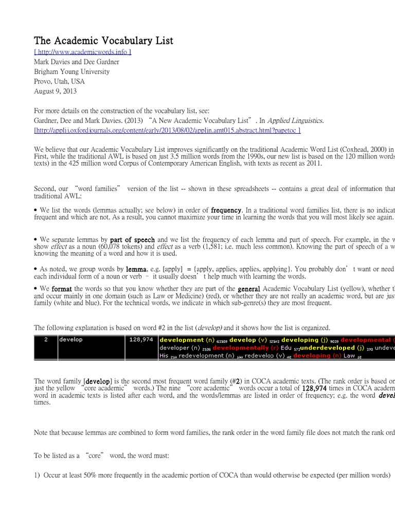 The Academic Vocabulary List | PDF | Vocabulary | Part Of Speech