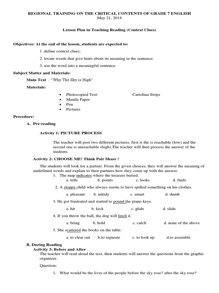 Grade 7 English Context Clues Lesson | PDF | Pedagogy | Teachers