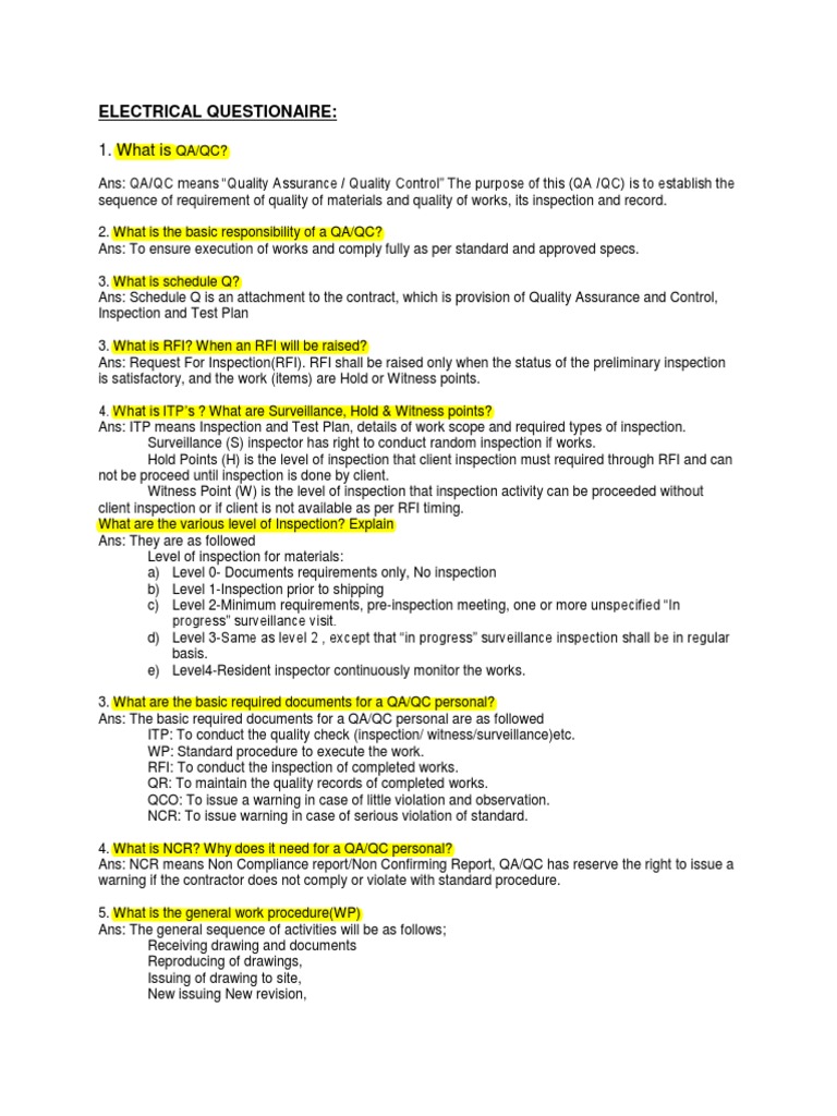 What Is: Electrical Questionaire | PDF | Quality Assurance | Electric ...