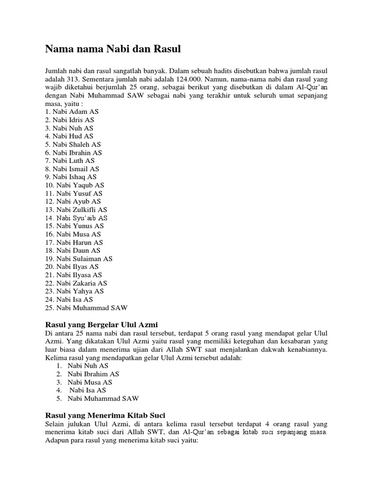 Nama Nama Nabi Dan Rasul | PDF