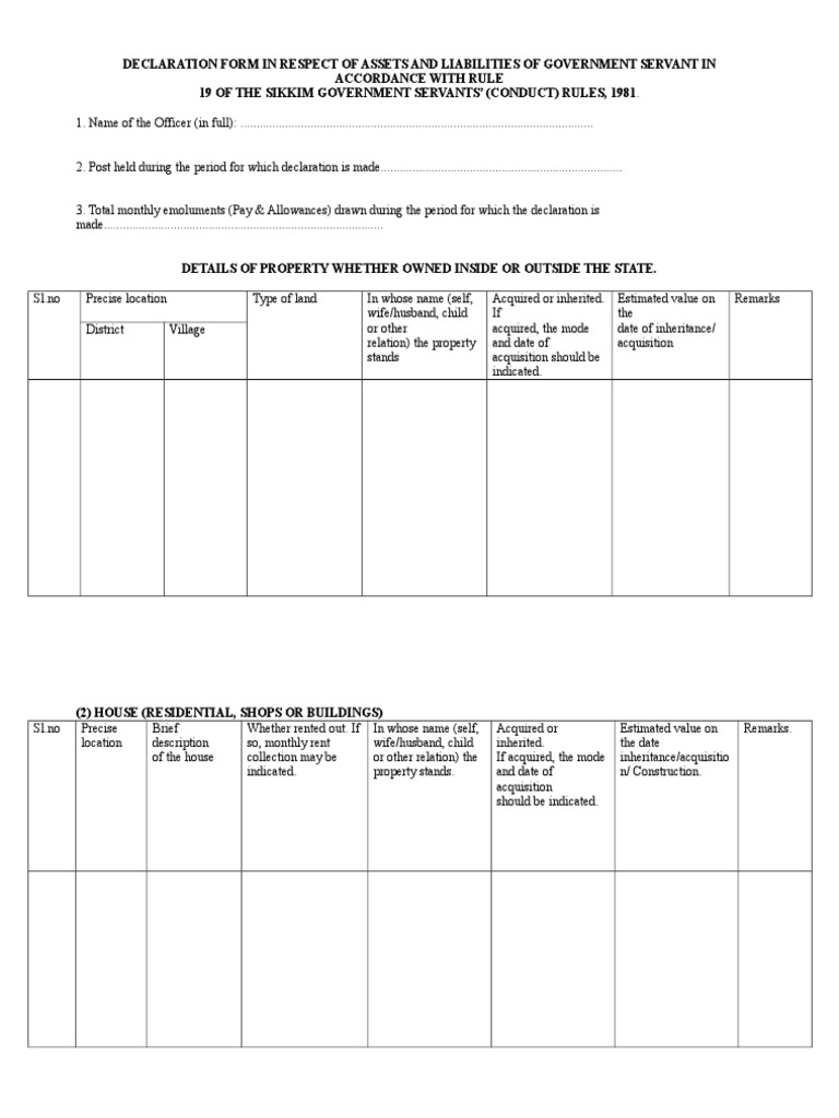 Declaration Form Respect Assets Liabilities Govt Servant | PDF ...