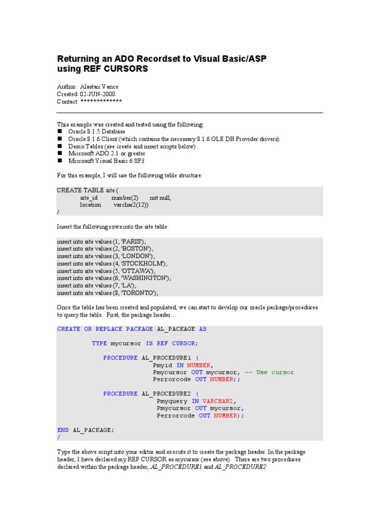 Returning An ADO Recordset To Visual Basic/ASP Using Ref Cursors | PDF | Parameter (Computer ...