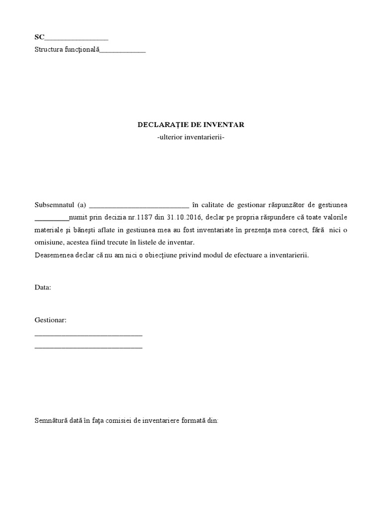 Model Declaratie Gestionar Dupa Inventariere | PDF