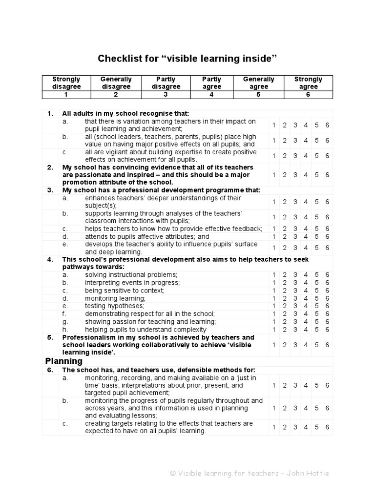 Checklist For Visible Learning | PDF | Teachers | Learning