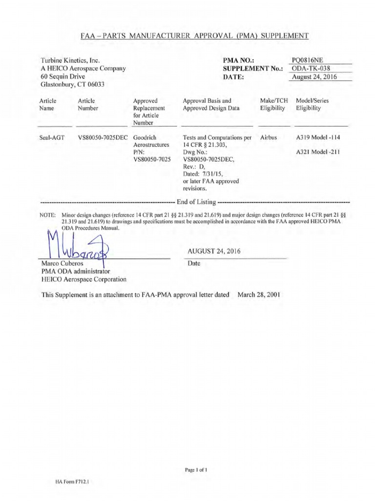 FAA PMA Supplement for Airbus Parts | PDF