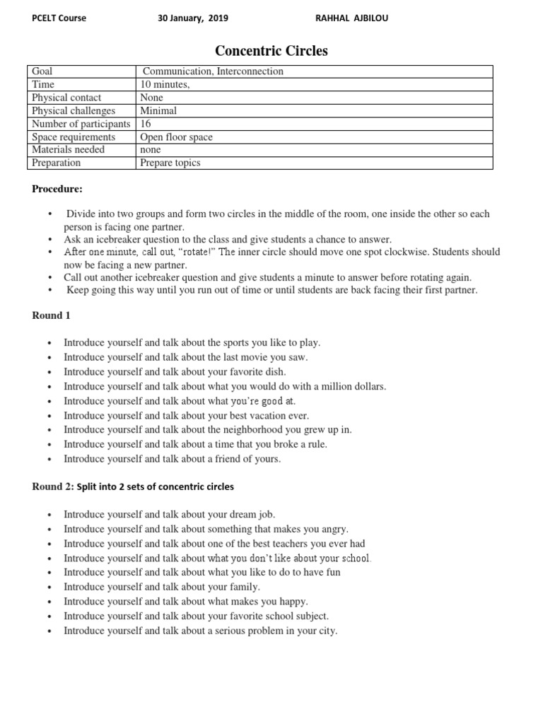 Getting to Know You: An Icebreaker Activity Using Concentric Circles | PDF