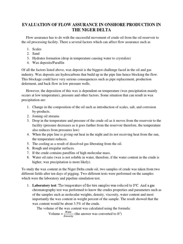 Summary of The Evaluation of Flow Assurance in Onshore Production in ...